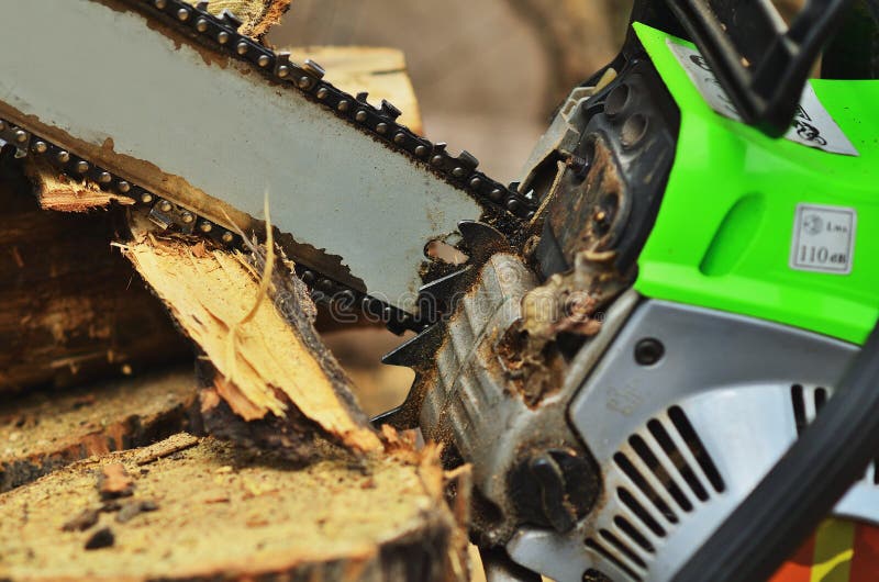 Chainsaw Saws a Log Close Up, Large Bars Stock Image - Image of chain ...