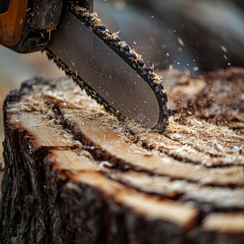 Chainsaw Slicing through a Log with Flying Sawdust. Stock Photo - Image ...