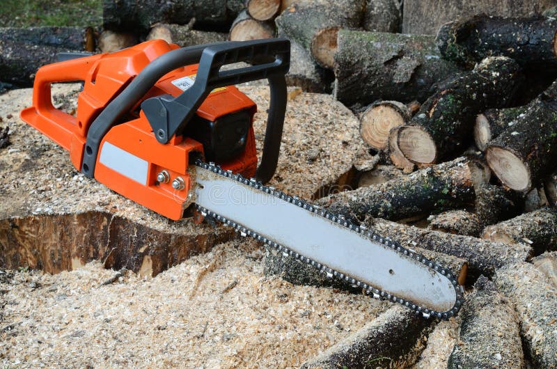Chainsaw and wood stock photo. Image of manufacture, hardwood - 78313240