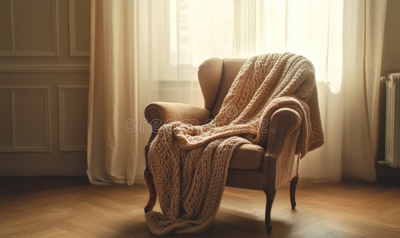 A Chair with a Blanket Draped Over it Sits in a Room with a Window ...