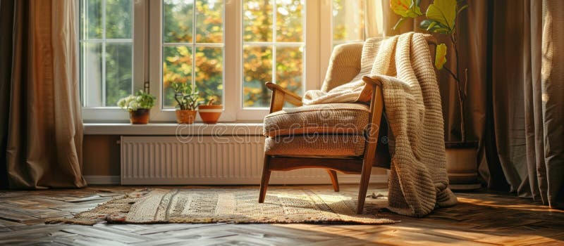 Chair with Blanket in Front of Window Stock Photo - Image of chair ...