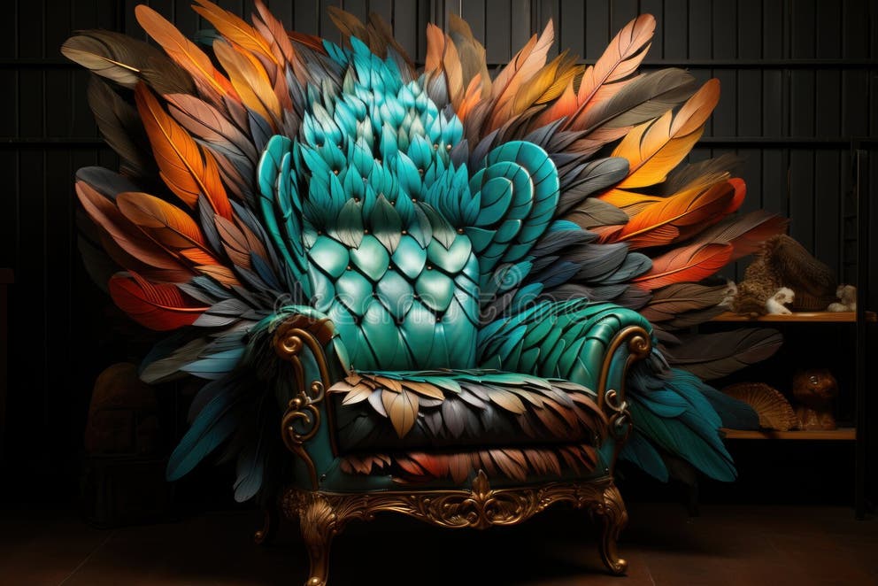 A Chair with Feathers on it in a Room Stock Image - Image of ornate ...