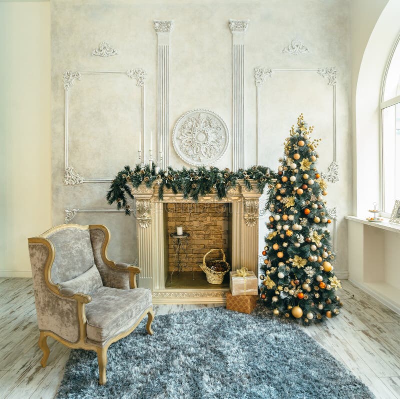 Chair Fireplace Christmas Tree Stock Image - Image of christmas ...