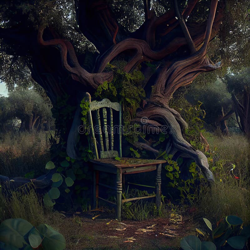 Generative AI: Chair, with Grass and Moss Under a Tree in a Meadow ...