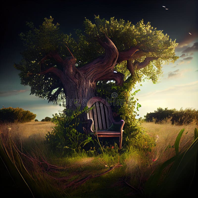 Generative AI: Chair, with Grass and Moss Under a Tree in a Meadow ...