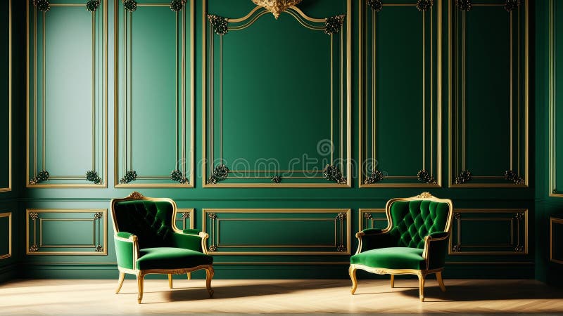 Chair in Green Room with Classic Wall Panels and Luxury Design Stock ...