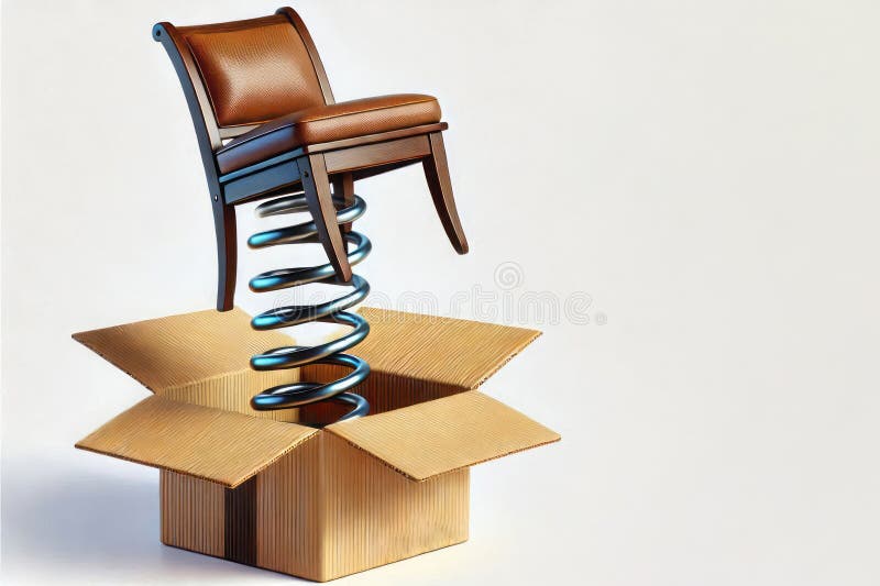 A Chair Jumping Out of a Box on a Spring. Space for Text. Stock Image ...