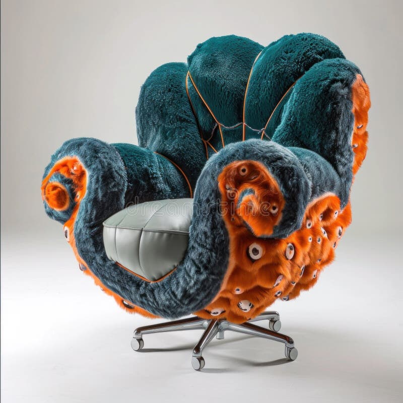 A Chair with an Octopus Design on the Back and a Blue Seat, AI Stock ...