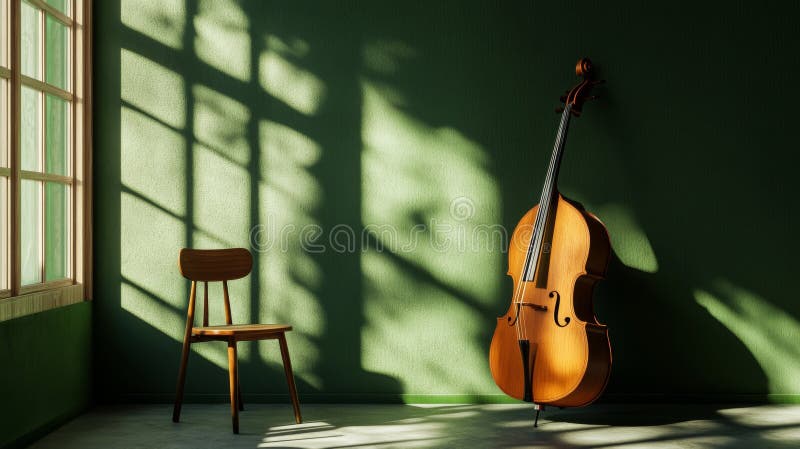 With a Chair Placed in Front and a Window on the Opposite Side, a Cello ...
