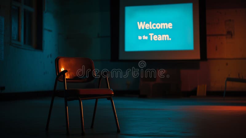 Chair Positioned in Front of a Lit Screen Displaying a Welcome Message ...