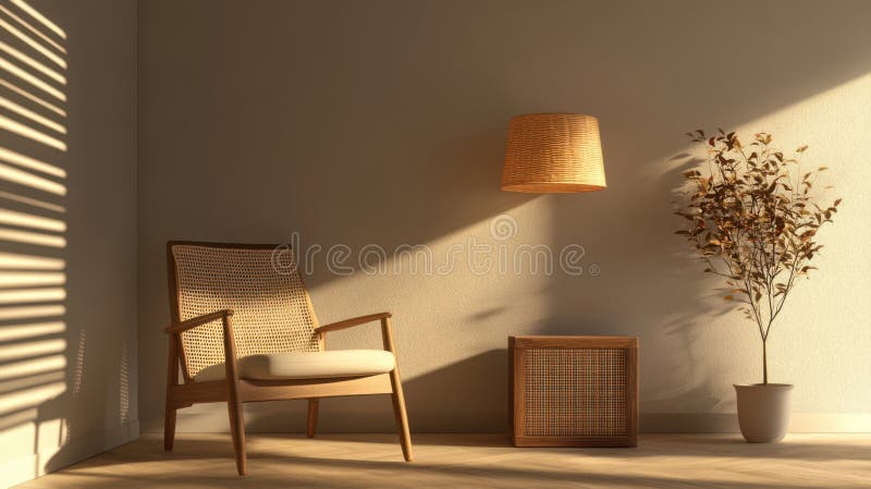 Chair and Rattan Storage Box with Lamp Setup 3D Render Stock ...