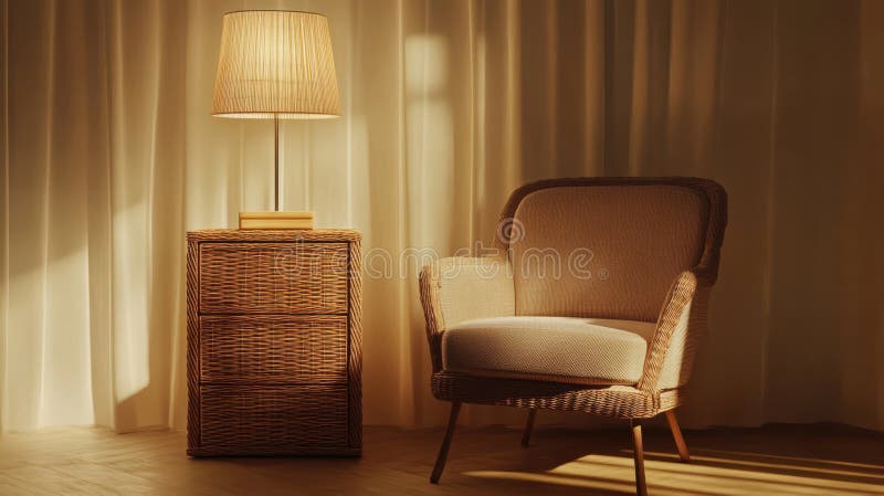 Chair and Rattan Storage Box with Lamp Setup 3D Render Stock ...
