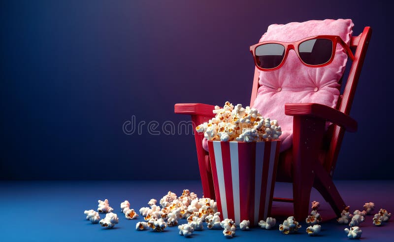 A Chair with a Red Pillow and a Red and White Popcorn Bucket Stock ...