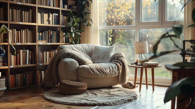 A Cozy Library Corner with an Armchair and Bookshelves Filled with ...