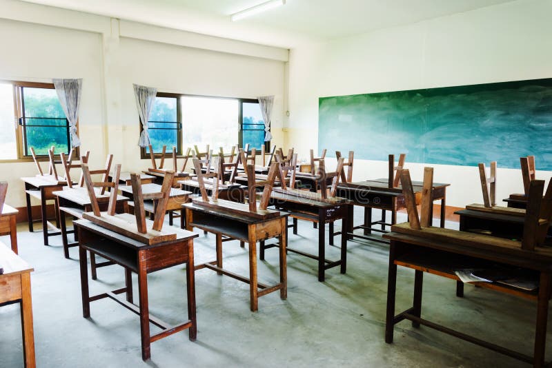 Chair and Table in Class Room with Black Board Background Stock Photo ...