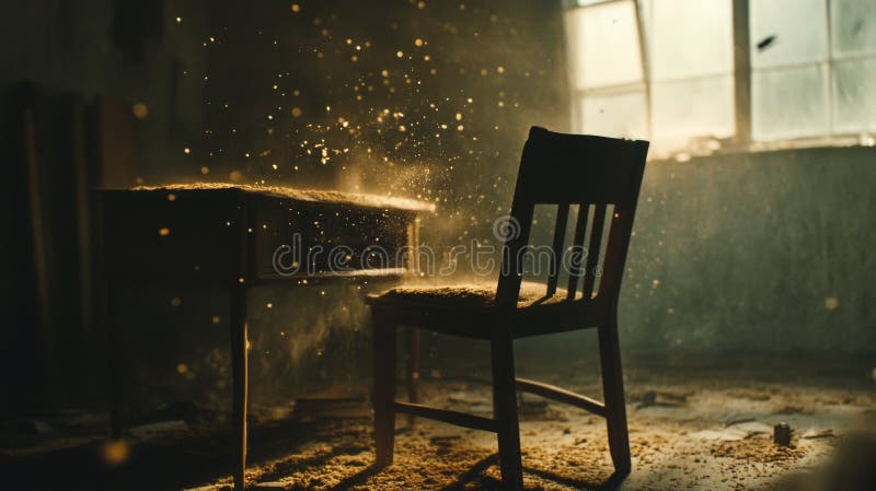A Chair and Table are Covered in Dust in a Room with a Window Stock ...
