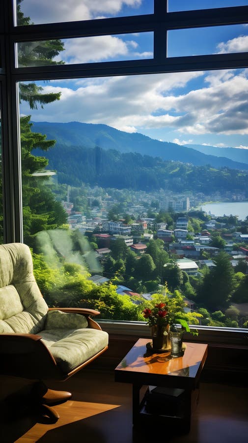 A Chair and a Table in Front of a Window.Window View from Glass Window ...