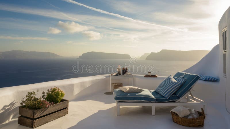 A Chair and Table on a White Deck Overlooking the Ocean, AI Stock Image ...