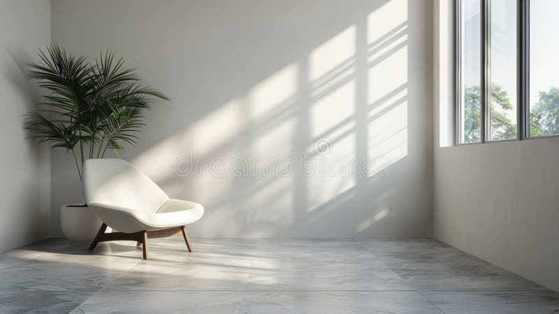 A Chair in a White Room with Large Windows and Sunlight, AI Stock ...