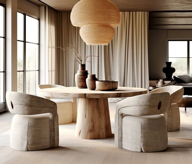 Chairs Around Rustic Round Wood Dining Table. Japandi Interior Design of Modern Dining Room. AI ...