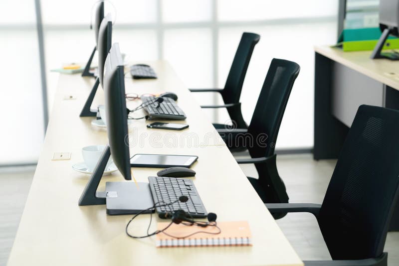 Chairs Computers and Headset Call Center in Modern Office Stock Image ...