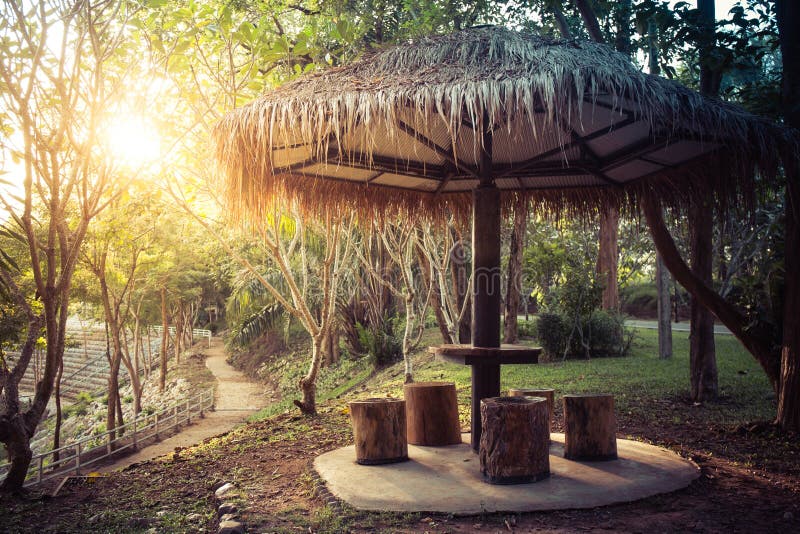 Chairs Made of Timber with Nature and Sunset Stock Photo - Image of ...