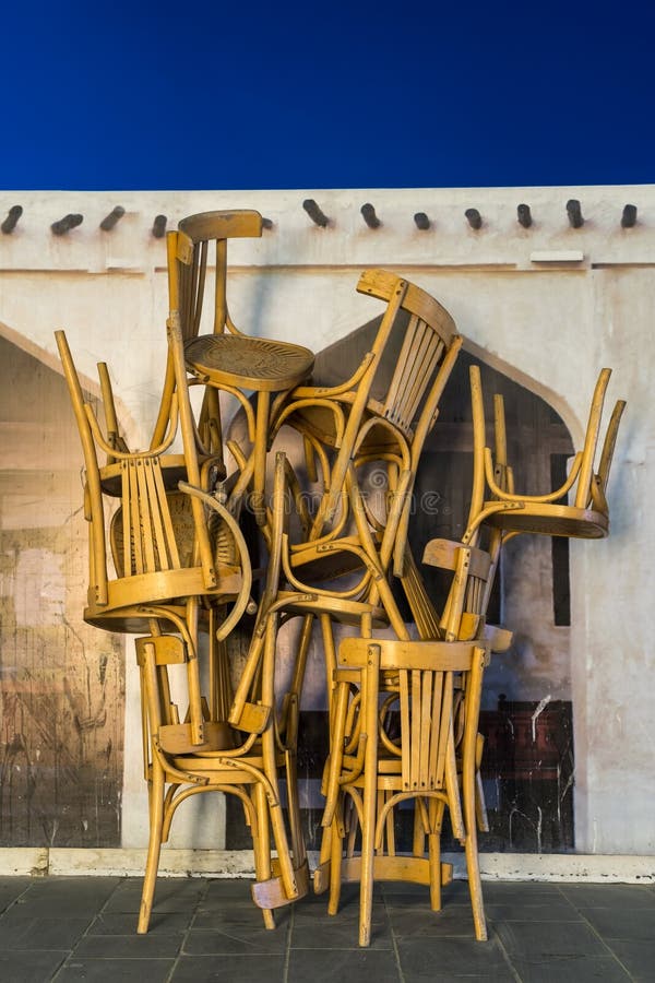 Chairs Stacked Outside Restaurant, Doha, Qatar Stock Photo - Image of ...