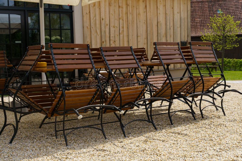 Chairs and Stools Stacked on Tables in an Empty Closed Restaurant Stock ...