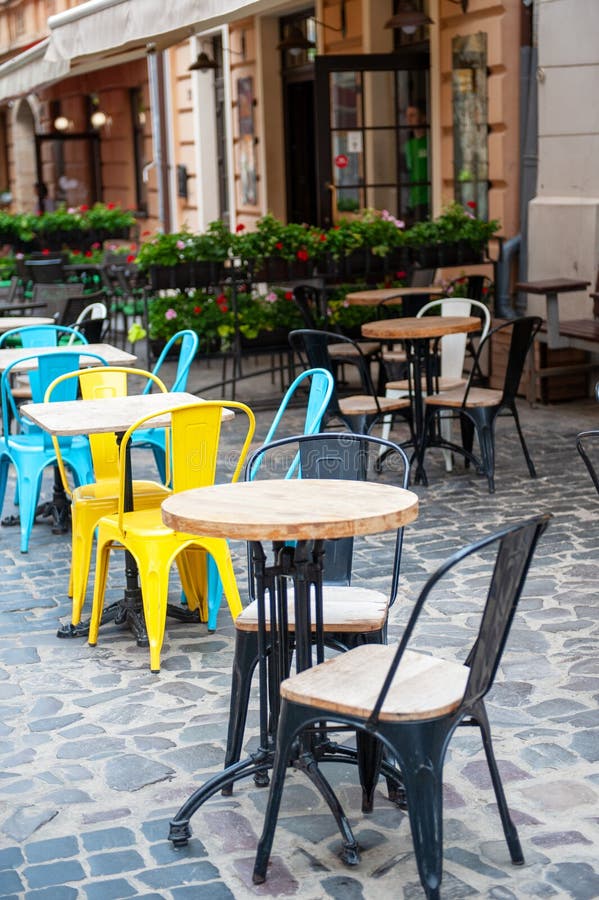 Chairs and Table on Empty Terrace at Cafe Stock Photo - Image of dinner ...