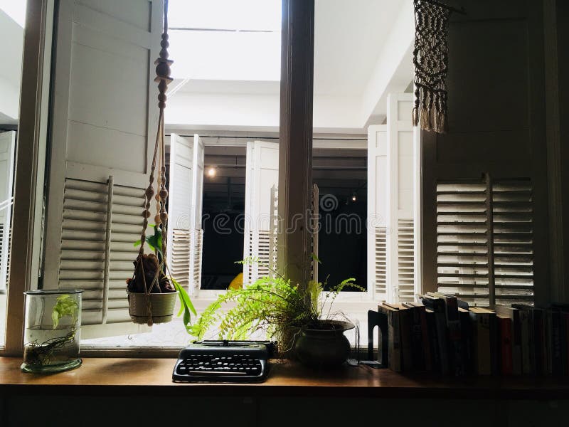 Cafe Decoration with Green Plants Stock Image - Image of plants, style ...