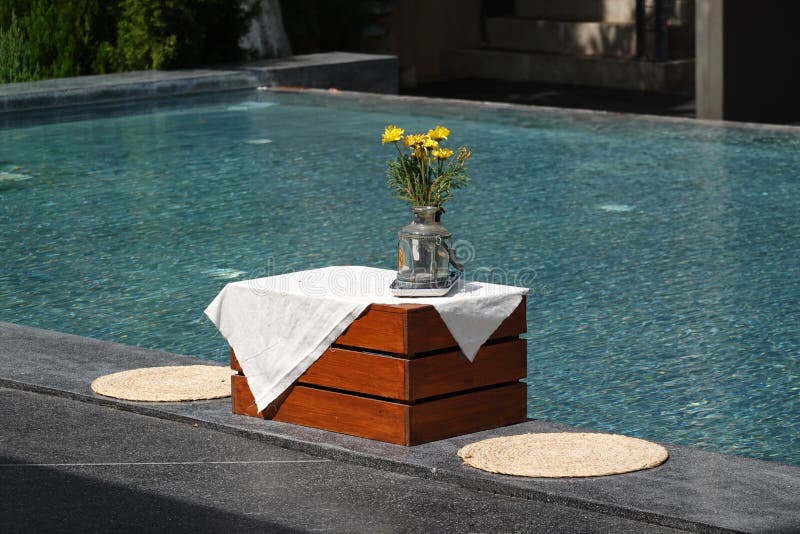 The Chairs and Wood Box Side Swimming Pool. Minimal Style Stock Photo ...
