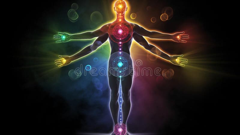 Human Body Anatomy with Glowing Atoms on Black Background Stock ...