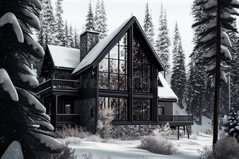 Chalet with Black Windows with Snow Dumps in Forest Exterior of the ...