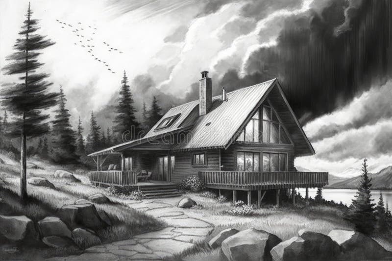 Chalet with Dramatic Sky and Clouds, in Pencil Drawing Stock ...