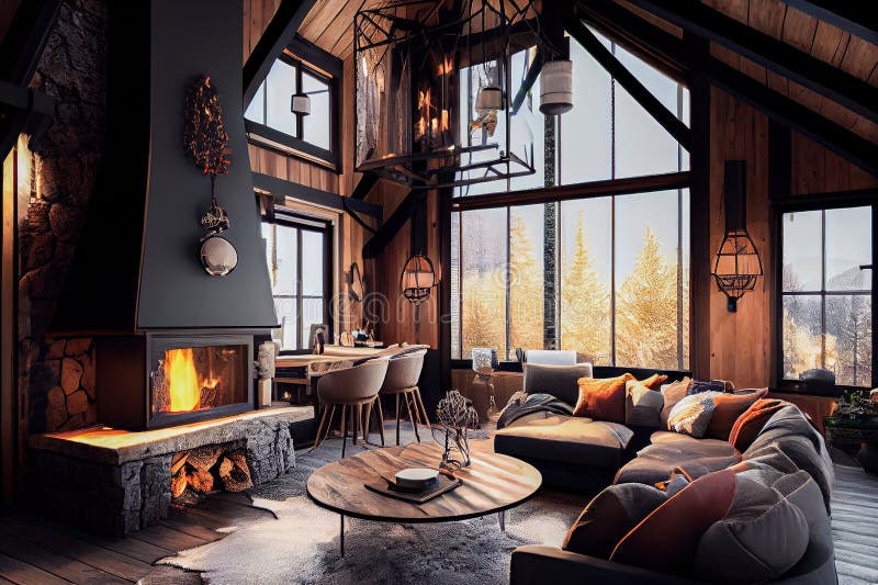 Chalet House Room Interior with Fireplace. Generative AI, Generative ...