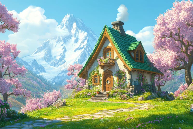 A Chalet House is Situated in the Mountains Amidst a Spring Landscape ...