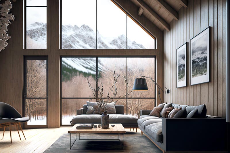 Chalet Interior of Ious Room with Grey Sofas and Large Windows Along ...