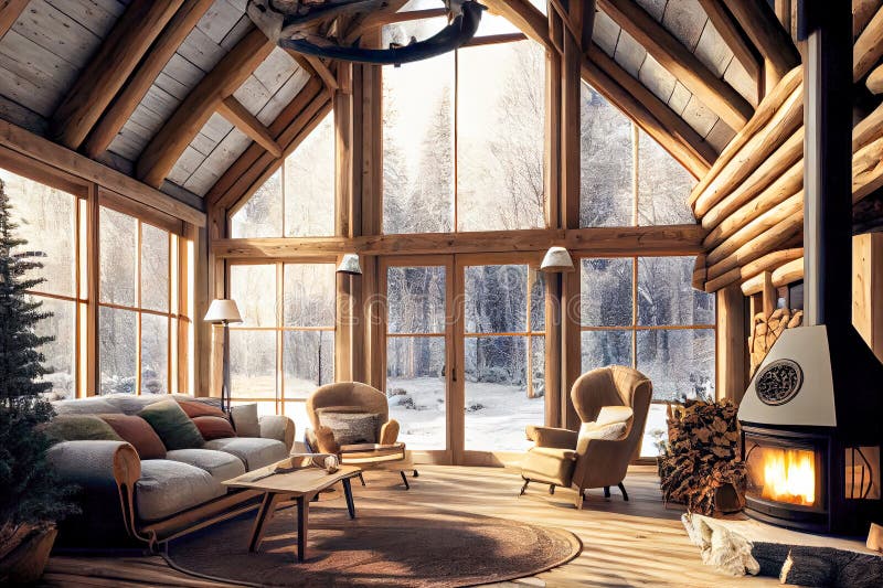 Chalet Interior with Large Windows. Generative AI, Generative, AI Stock ...