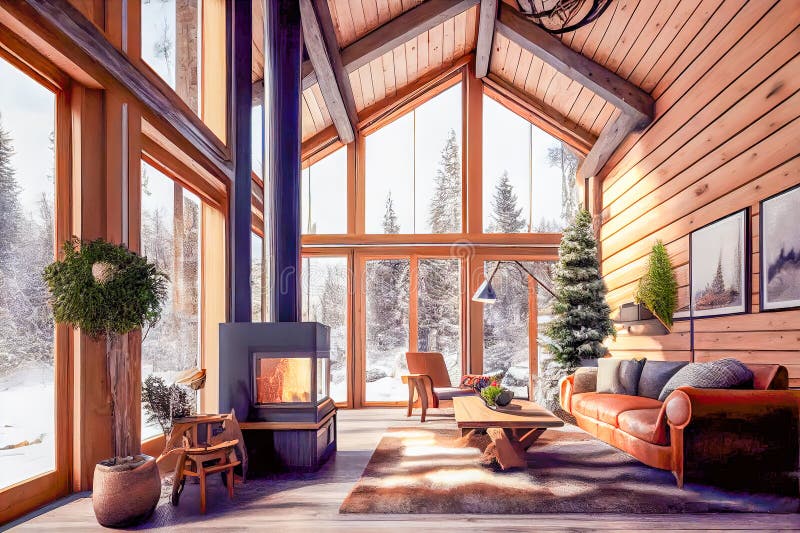 Chalet Interior with Large Windows. Generative AI, Generative, AI Stock ...
