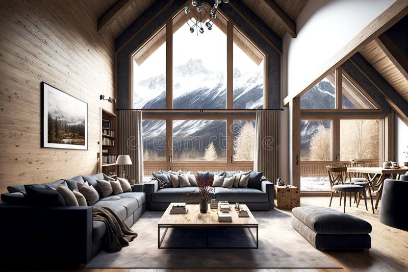 Chalet Interior of Spacious Room with Grey Sofas and Large Windows ...