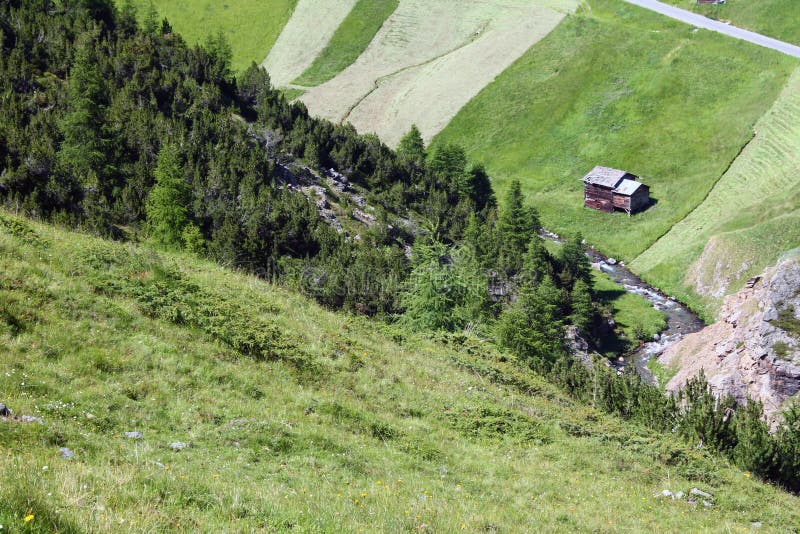 River and Chalet in Swiss Village in Alps, Leukerbad, Leuk, Visp Stock ...