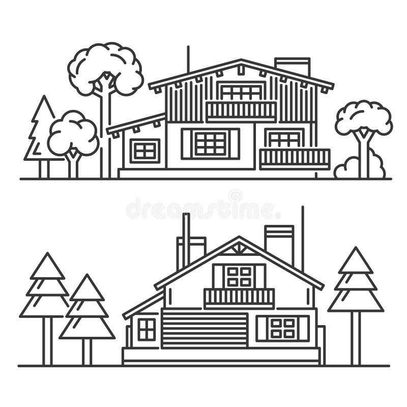 Chalet with Trees Icons Set on White Background. Vector Stock Vector ...