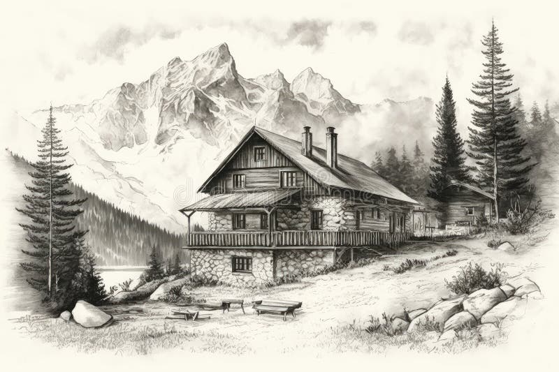 Chalet with a View of the Distant Mountain Range, Pencil Sketch ...