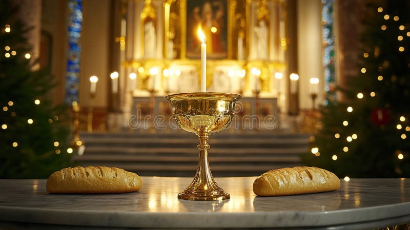 Chalice, Bread, Christmas Church Altar Stock Image - Image of festive ...