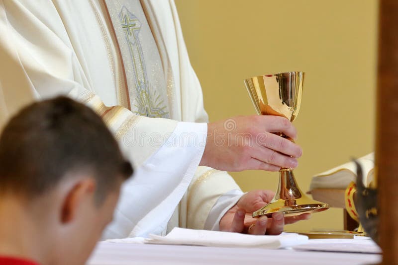 Chalice in the Hands of the Priest on the Altar during the Celebration ...
