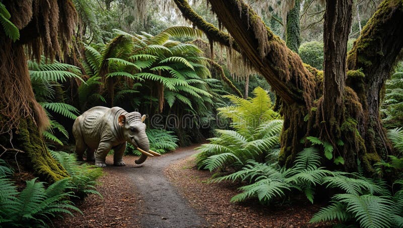 Chalicotherium Scene Recreated beside Tree Fern Grove Path Stock ...