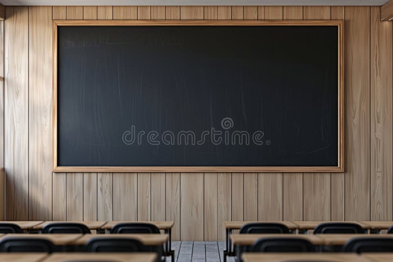 Chalk Blackboard on the Wall in Modern Class Room with Tables Stock ...
