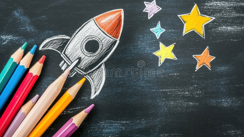 A Chalk Board with a Drawing of a Rocket and Stars Stock Illustration ...