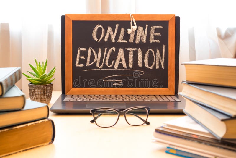 Chalk Board - Online Learning, Computer and a Stack of Books. Remote ...