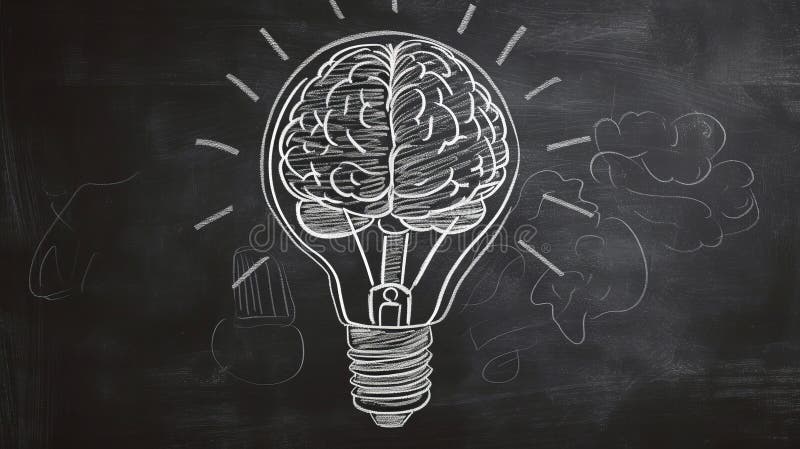Chalk Drawing of a Brain Inside a Light Bulb on a Blackboard, Creative ...